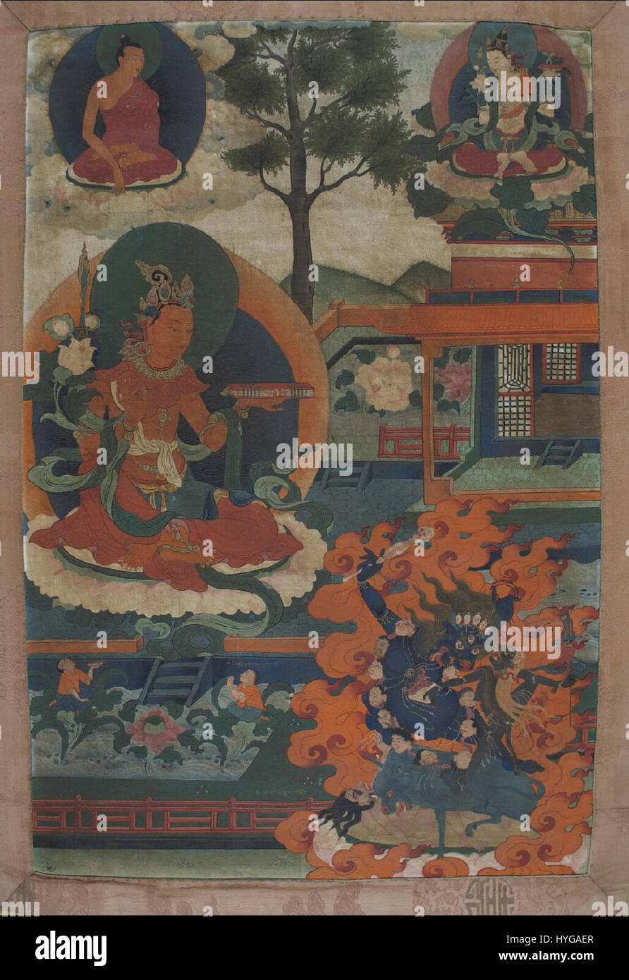 This artwork represents Manjushri, the Bodhisattva of wisdom, depicted ...