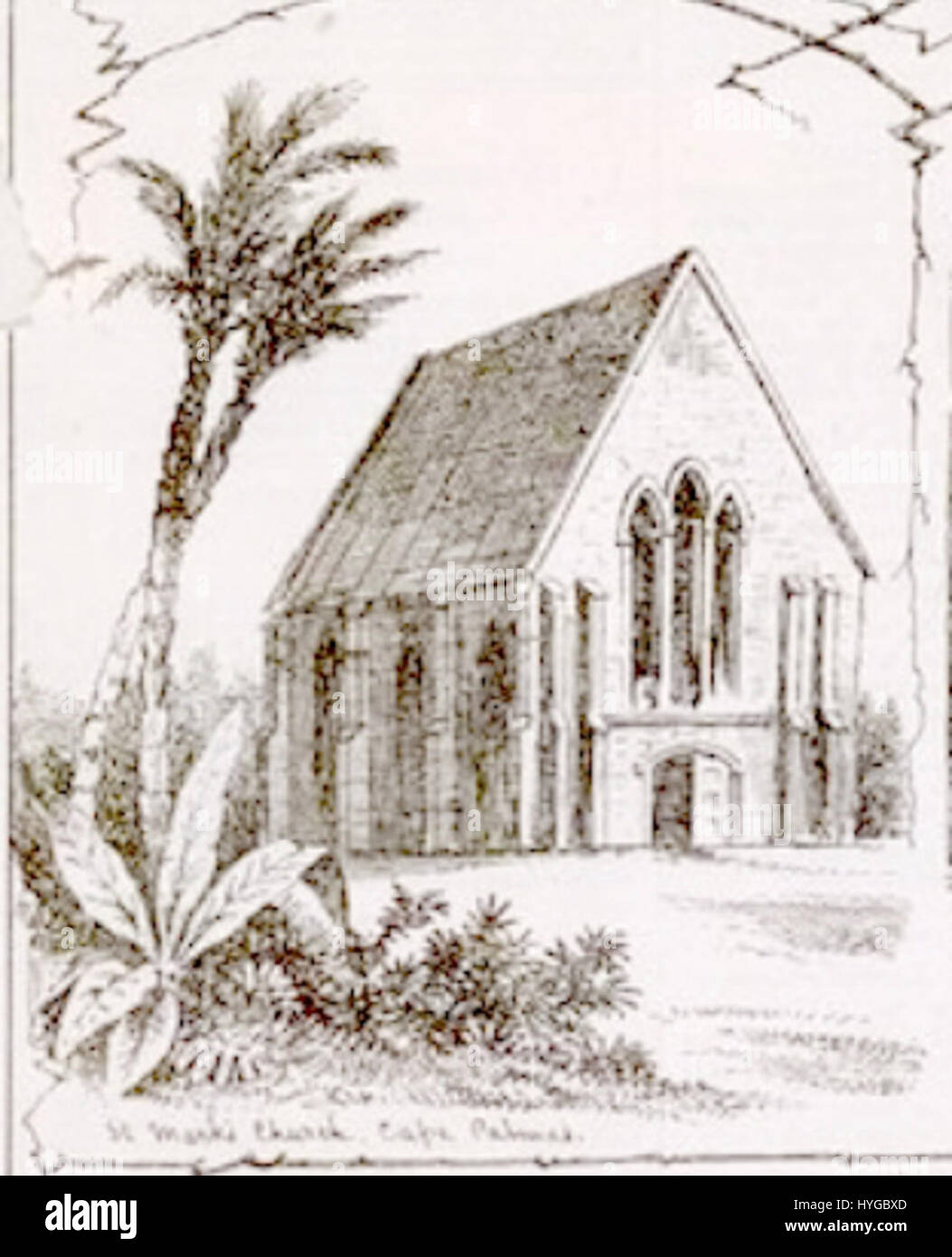 The painting 'St. Mark's Church, Cape Palmas' from 1876 depicts the ...