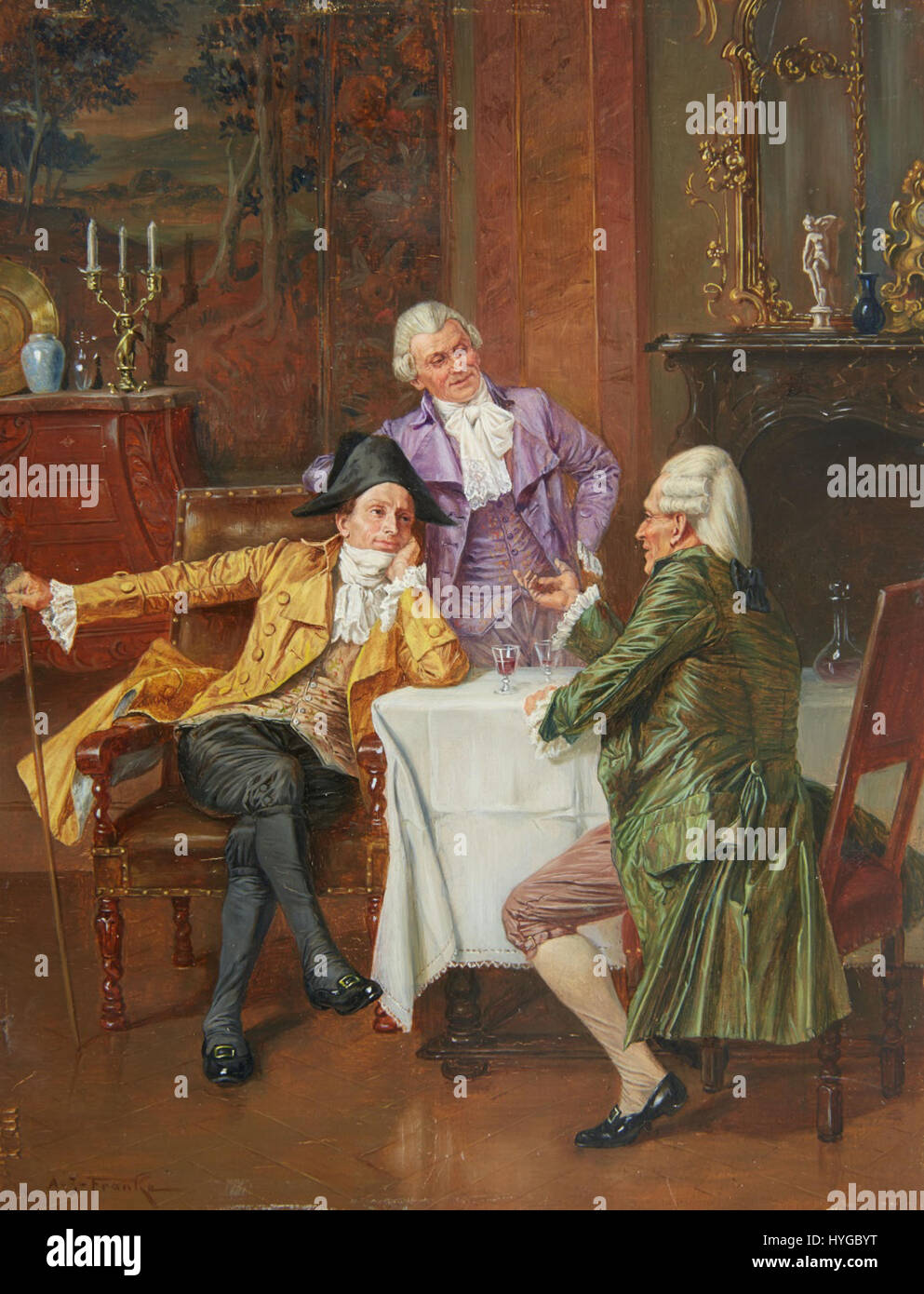 A rococo-style interior painting by Albert Joseph Franke, featuring two ...