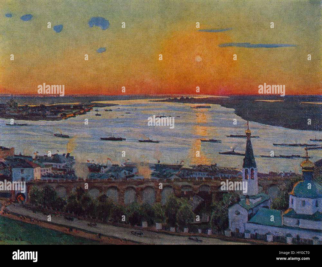 This landscape painting captures a sunset over the Volga River ...