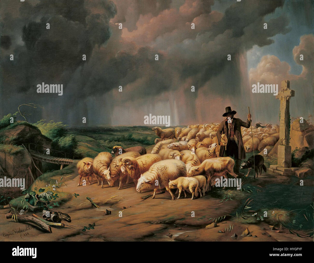 'Schafherde mit Hirte bei aufziehendem Gewitter' (1839) depicts a ...