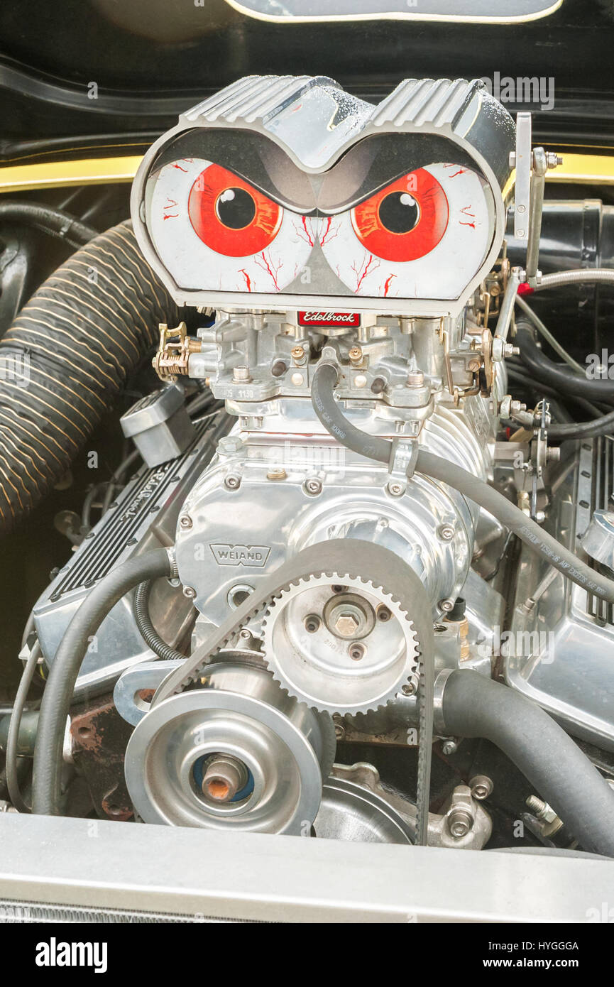 Rushmoor, UK - April 3, 2015: Hot-rod engine bay with blood-shot ...