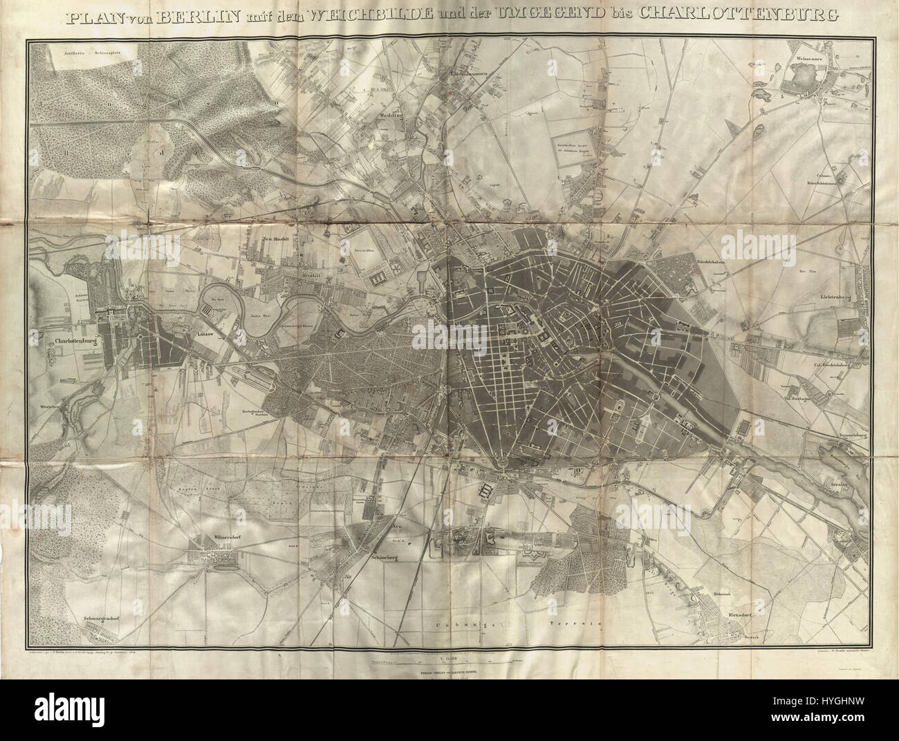 The 1855 map of Berlin shows the city and its surroundings, from the ...