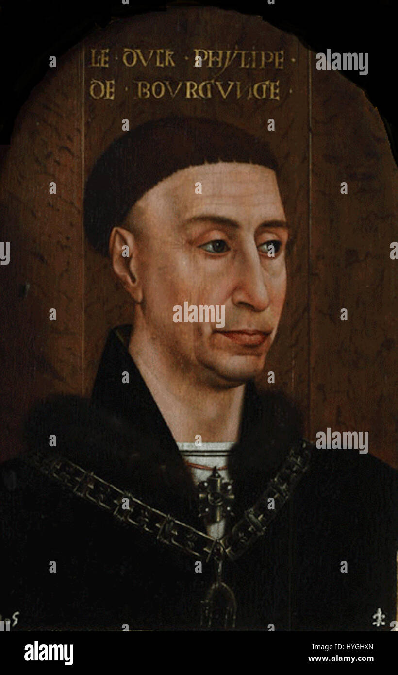 This painting, attributed to the workshop of Rogier van der Weyden, depicts Philip the Good ...