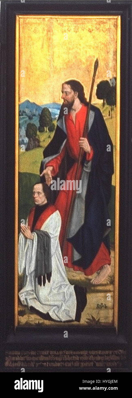 This triptych, depicting the Descent from the Cross, features Saint Thomas in the right panel ...