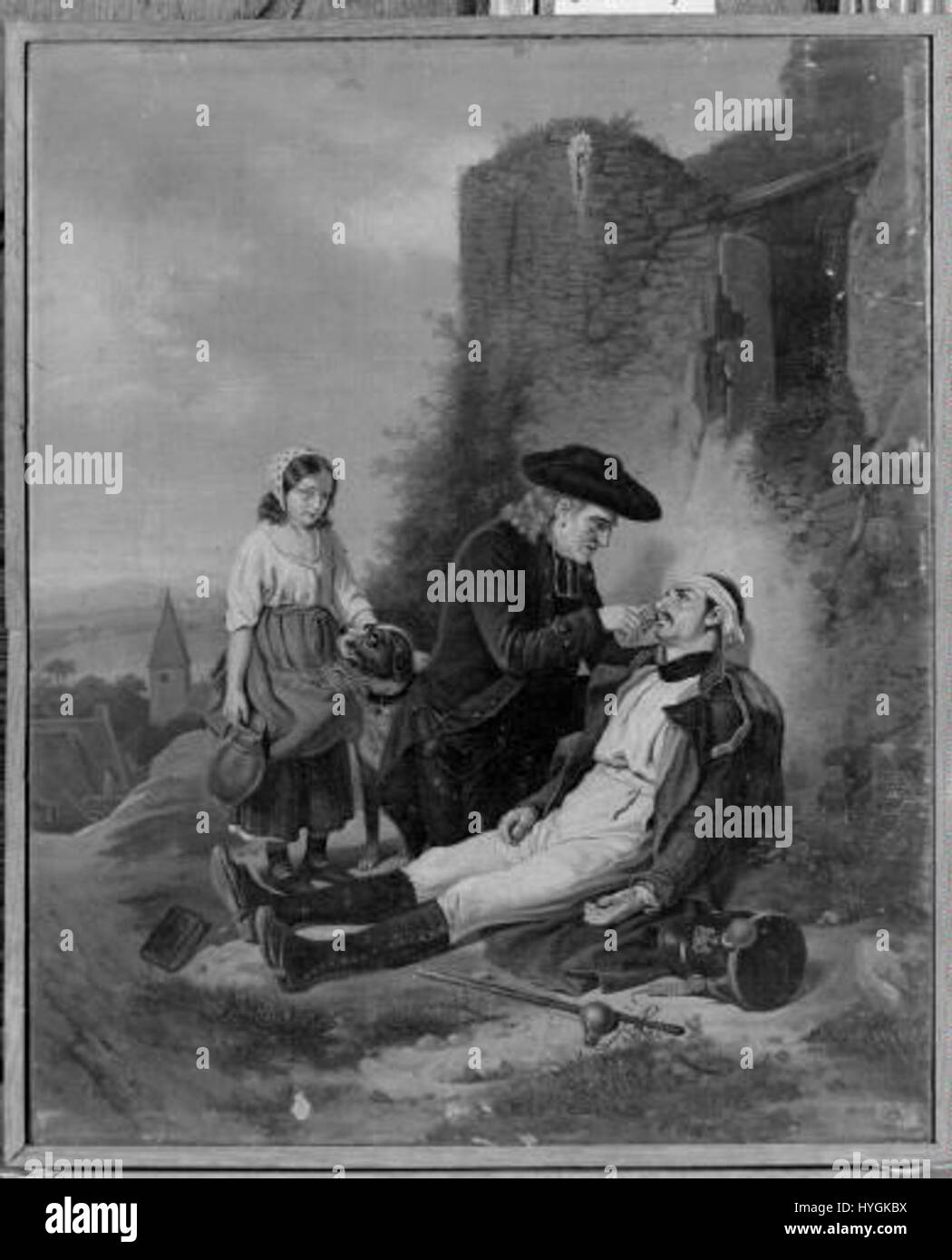 The piece titled 'Osetreni raneneho' by the monogrammist F. reflects a ...