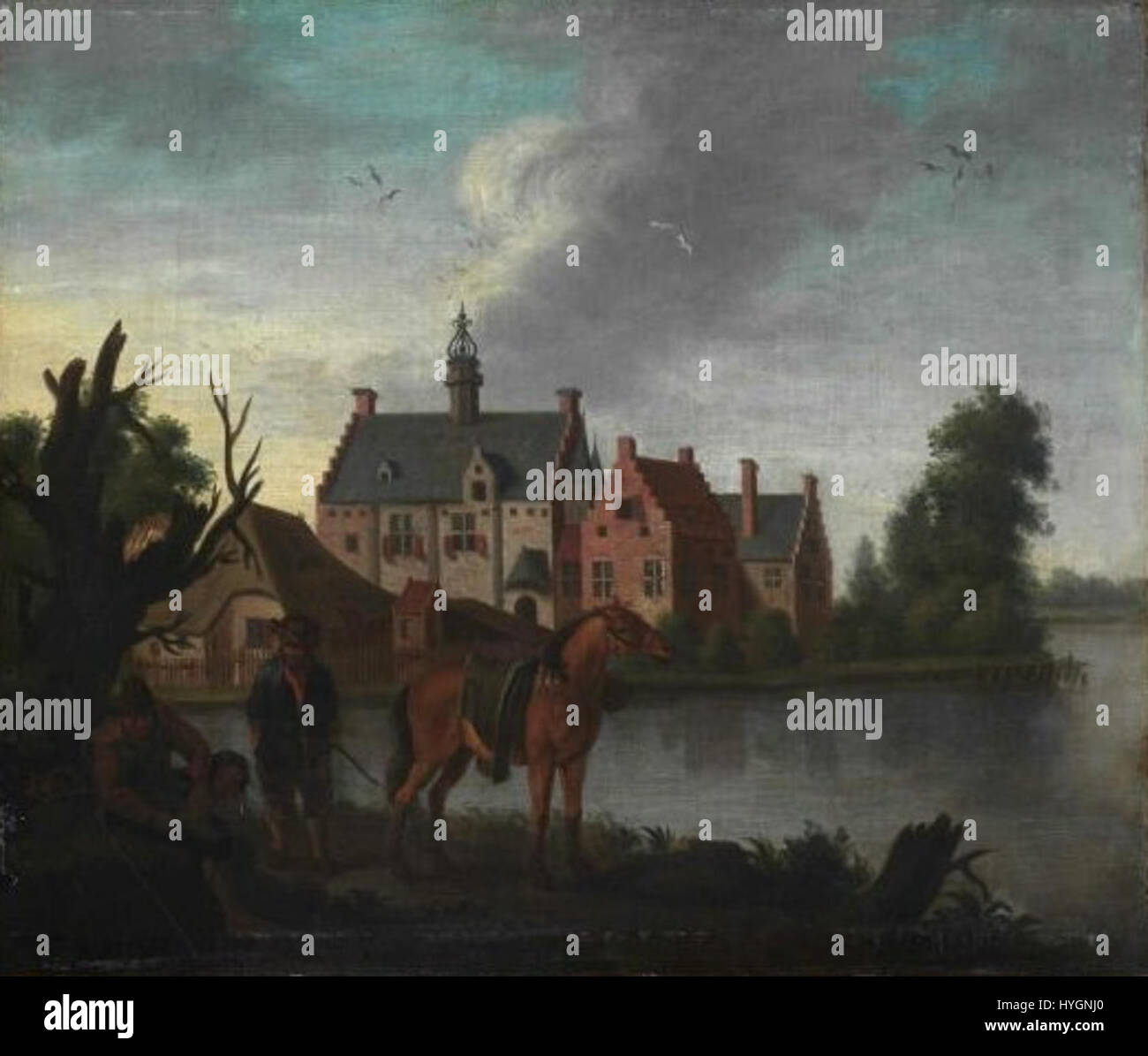 This anonymous painting depicts two men with a horse standing on the ...