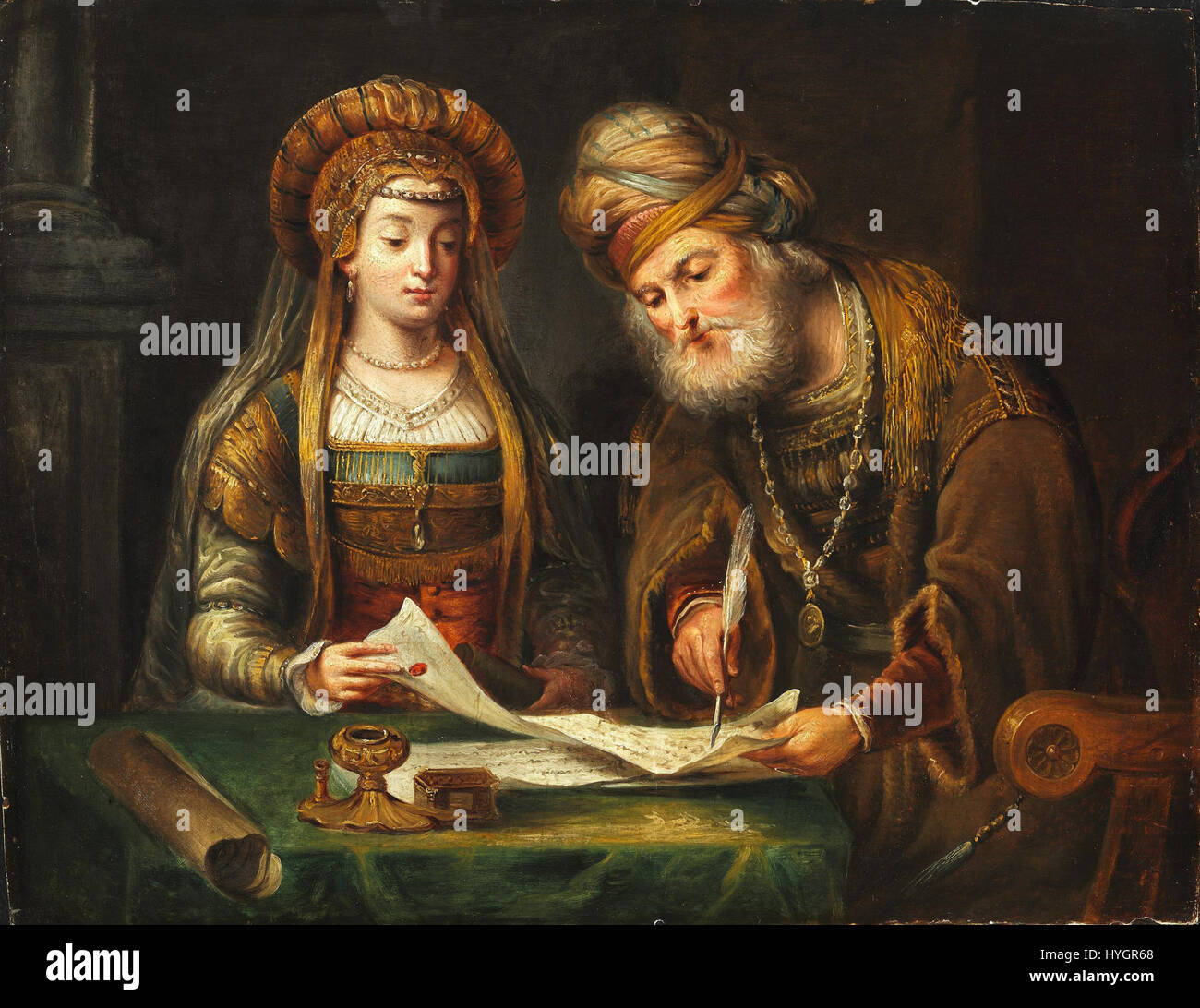 *Esther and Mordecai* by Aert de Gelder (after) illustrates a biblical ...