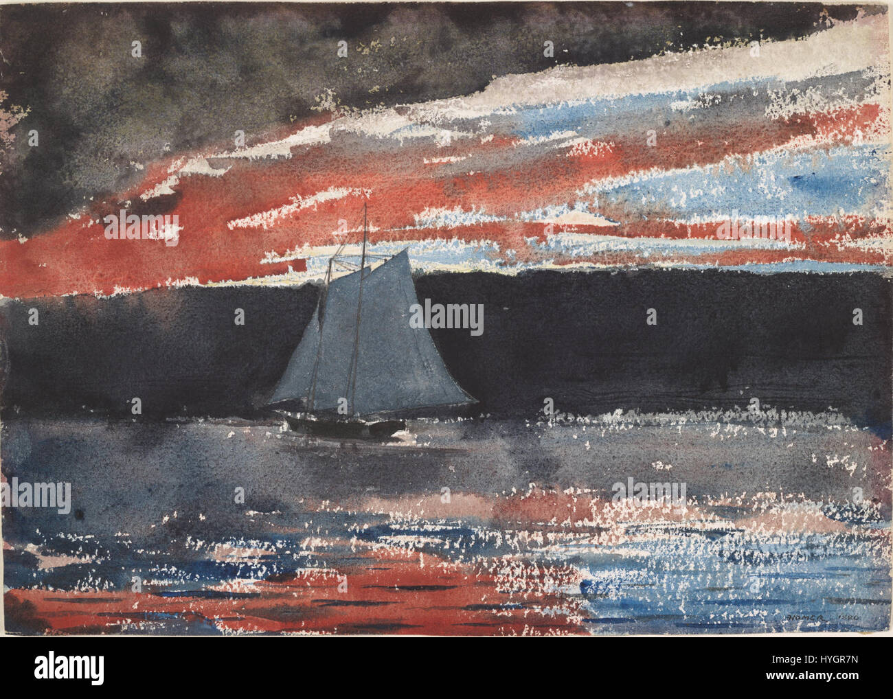 A seascape painting by Winslow Homer titled 'Schooner at Sunset' (1880 ...