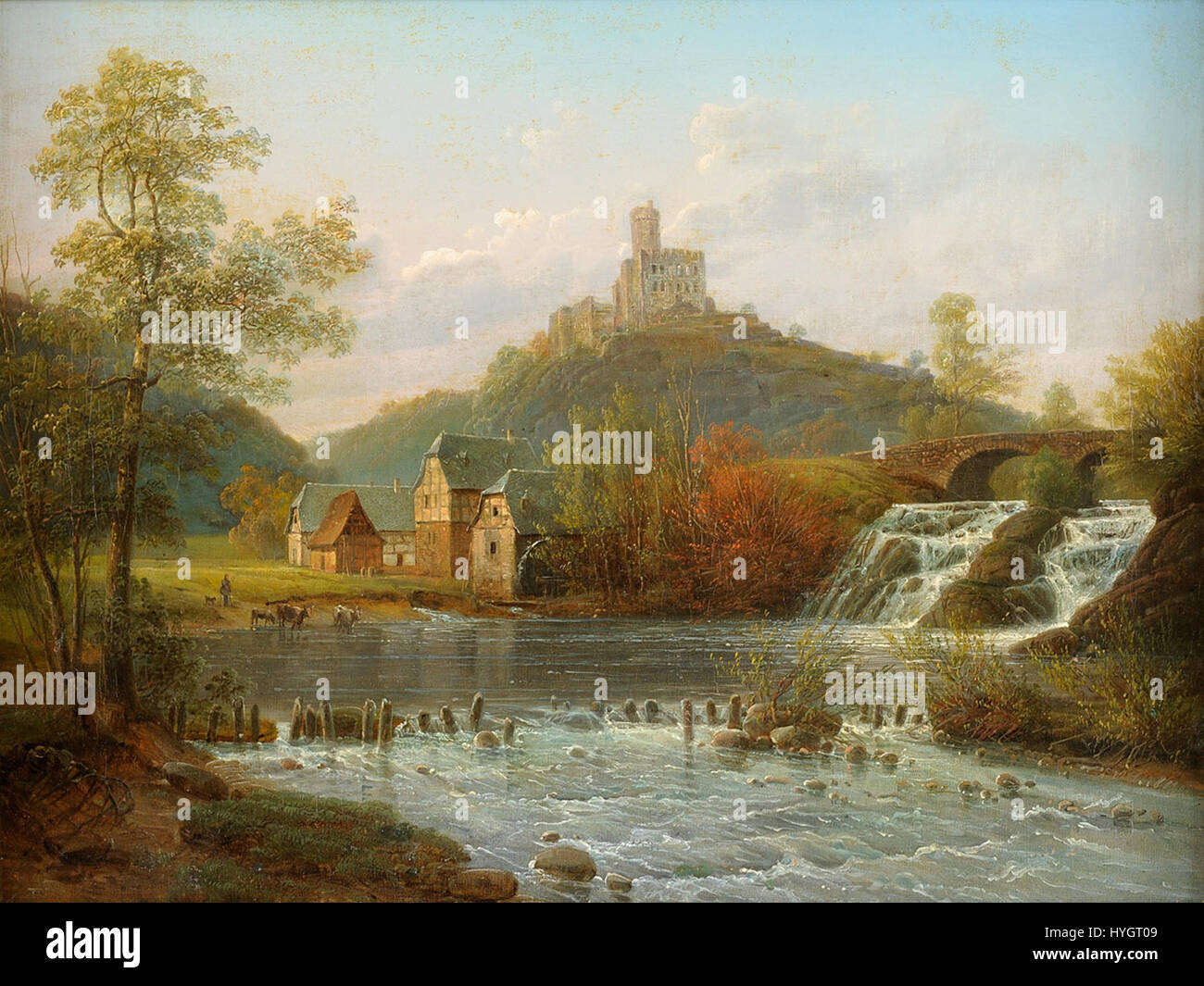 This 19th-century landscape painting features a river landscape with a ...