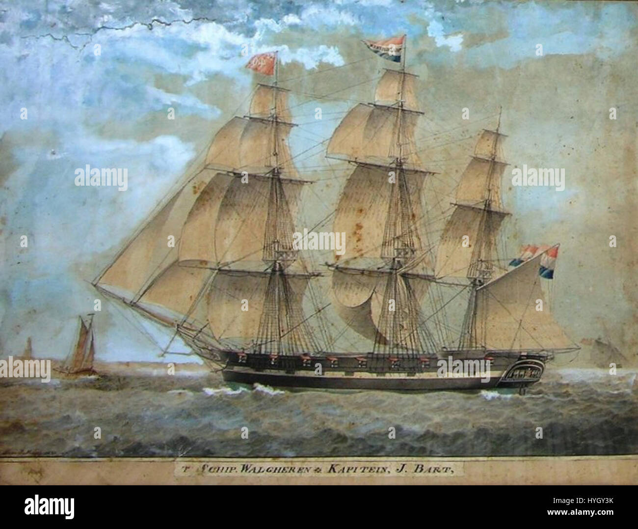 This painting by Jan Mooy depicts the Dutch ship Walgheren, commanded ...