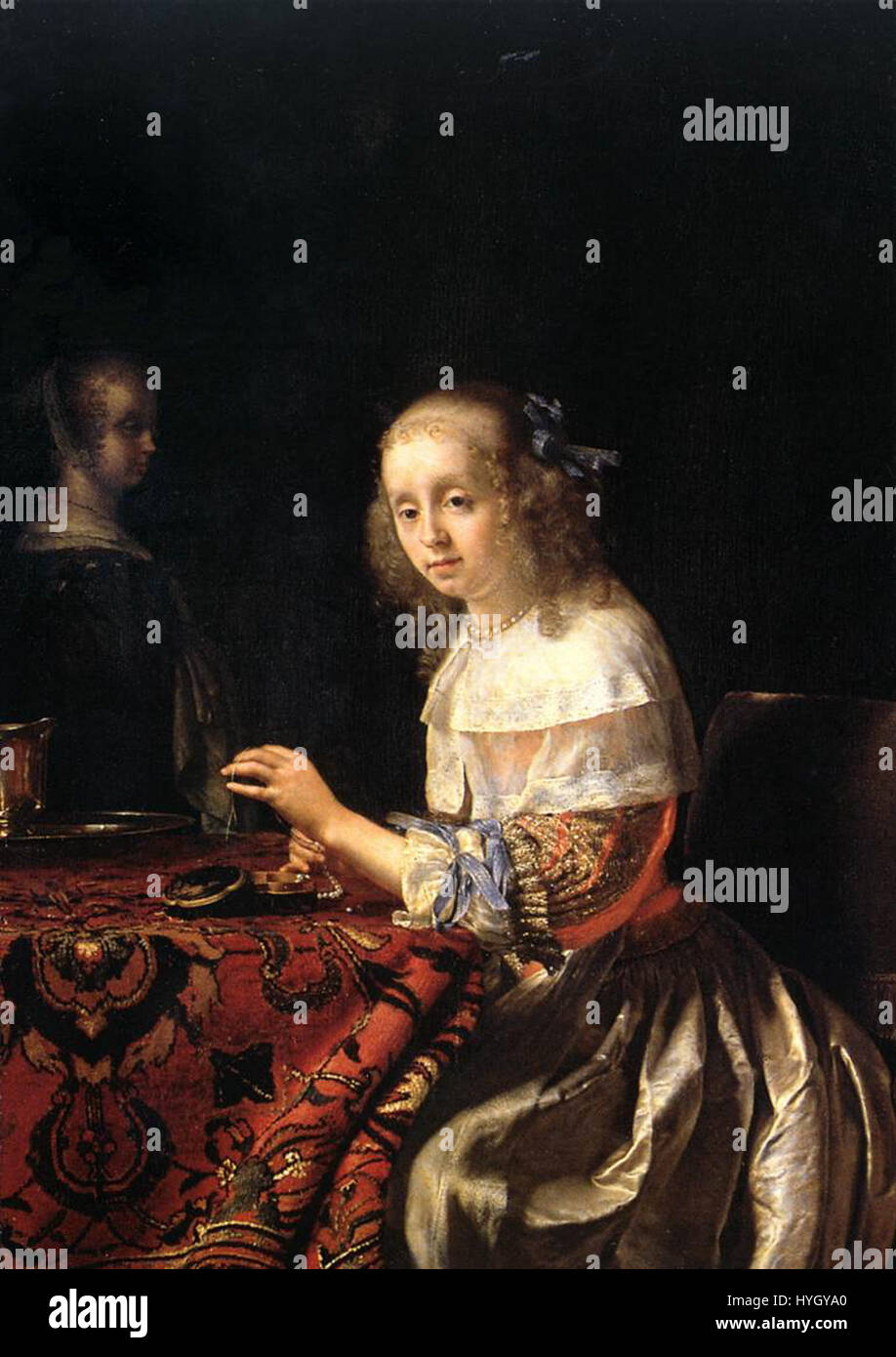 Mieris 1, Frans van The Woman threading pearls 1658 Stock Photo - Alamy