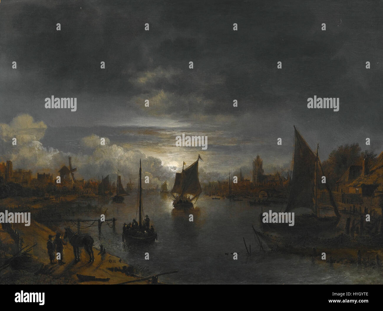 River Landscape by Moonlight with Boats & Settlements by Aert van der ...