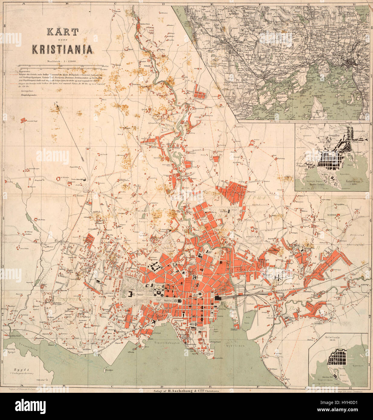 A historical map of Kristiania (now Oslo) in Norway, showing detailed ...