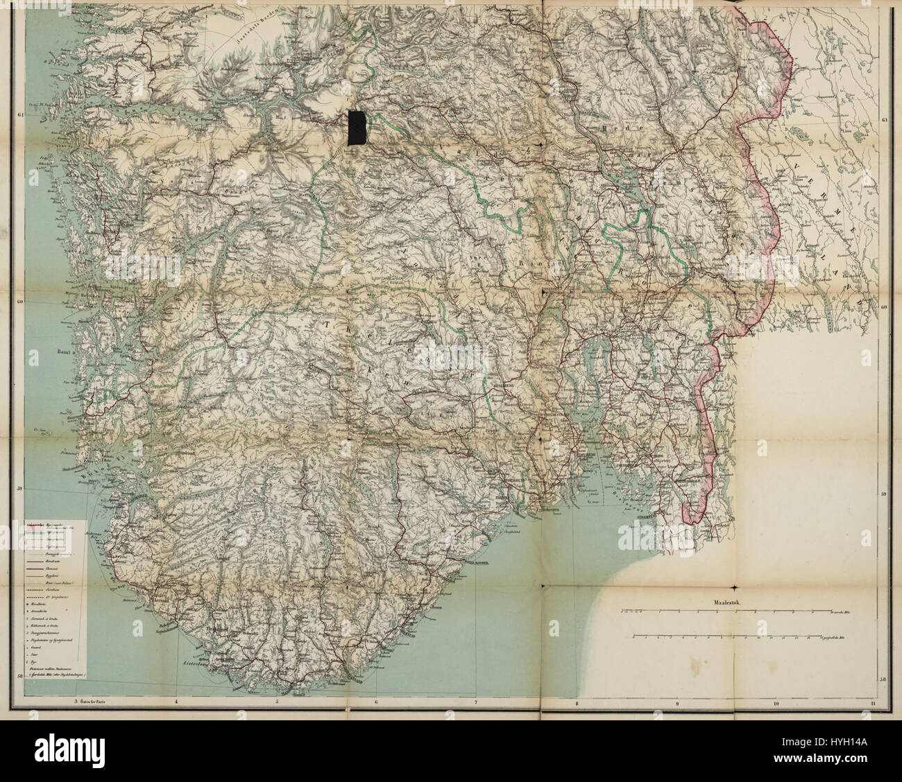 This colored map, 'Veikart over Norge,' covers the southern part of ...
