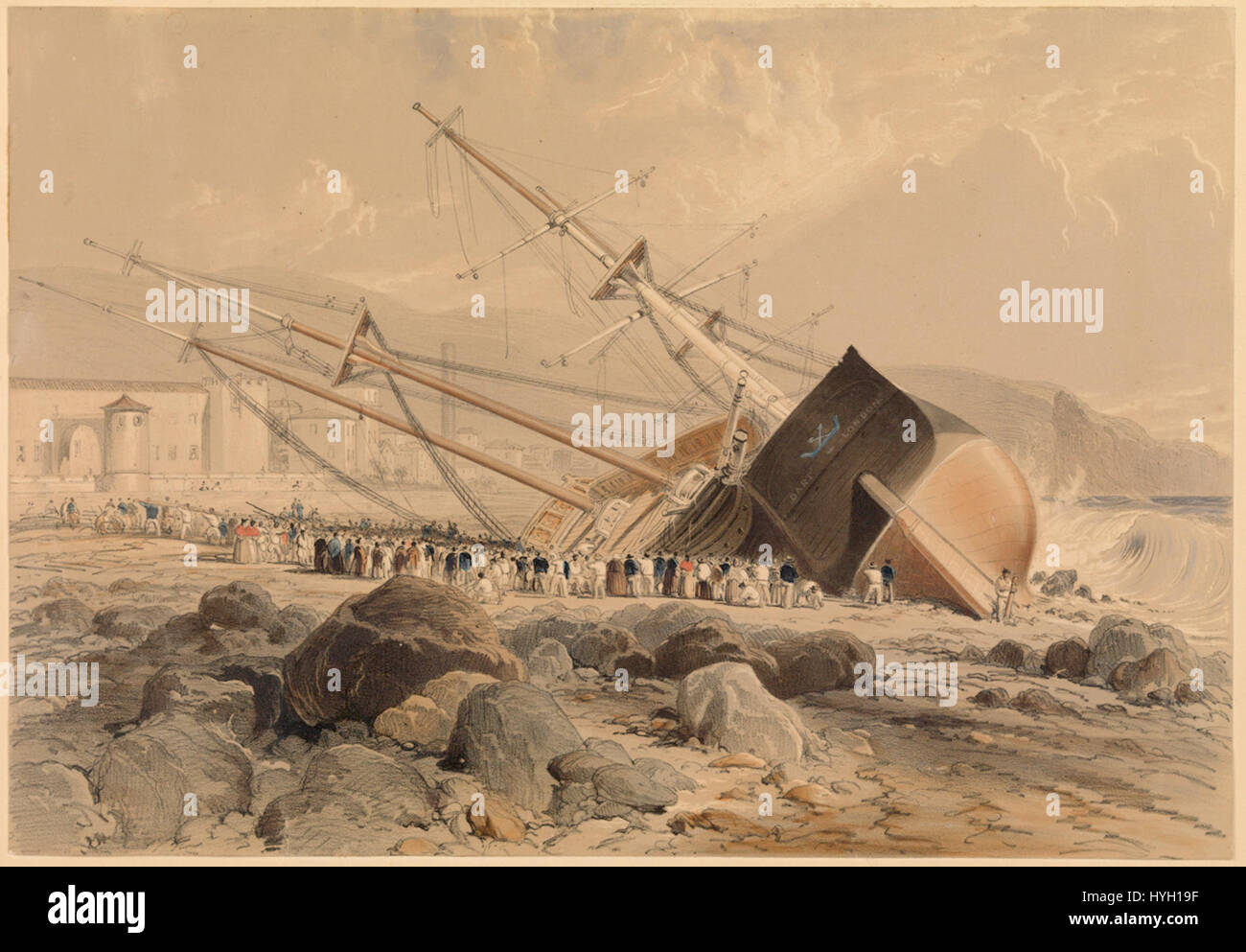 This sketch depicts the wreckage of the ship Dart, following a storm on ...