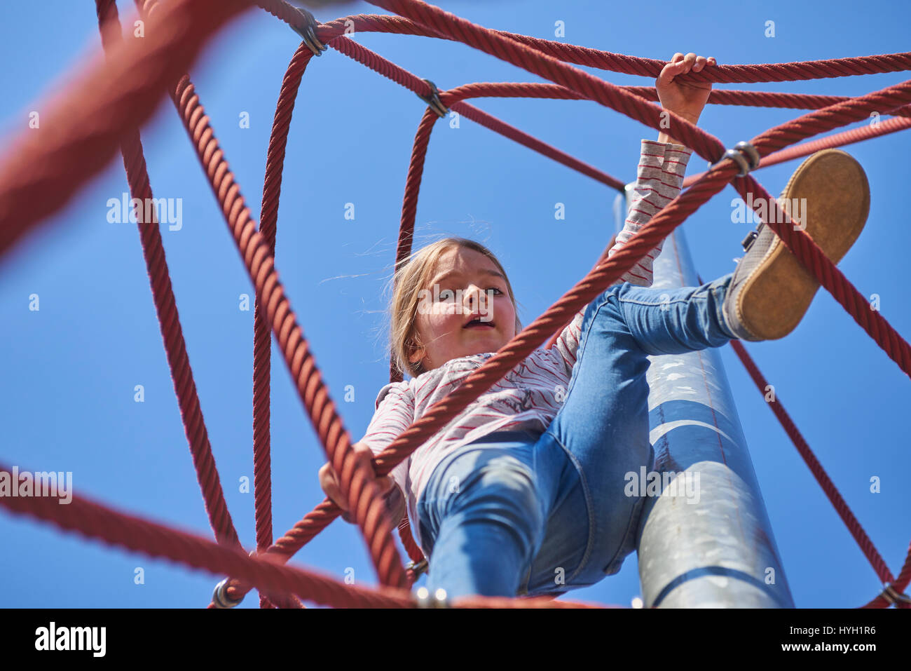 Active young child girl climbing the spider web playground activity ...