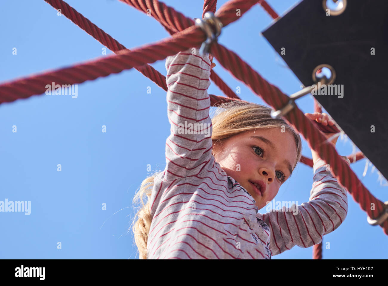 Active young child girl climbing the spider web playground activity ...