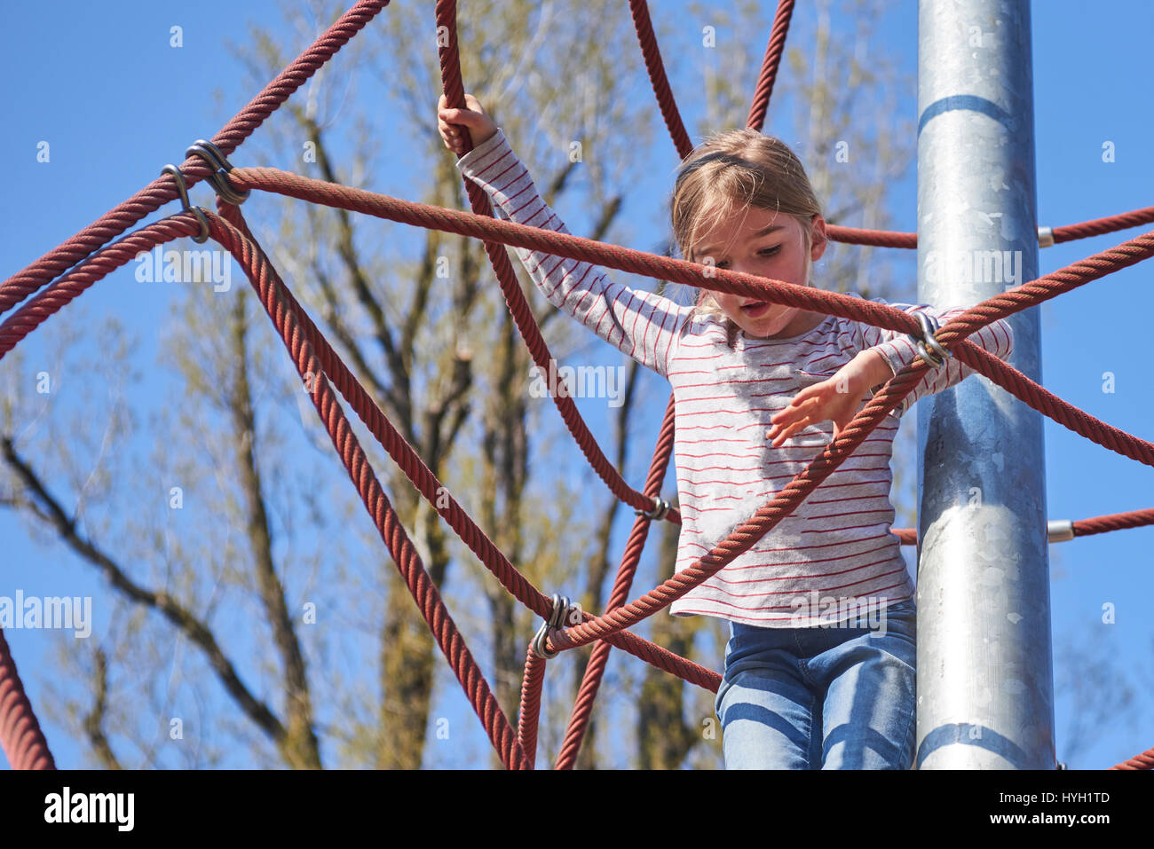 Active young child girl climbing the spider web playground activity ...
