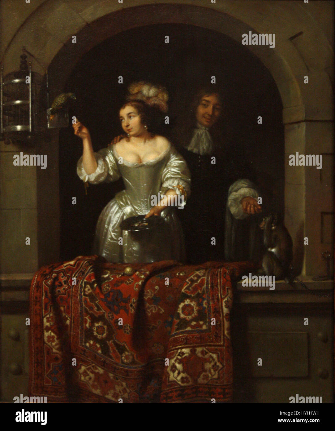 *A Lady with a Parrot and a Gentleman with a Monkey* (1664) by Caspar ...