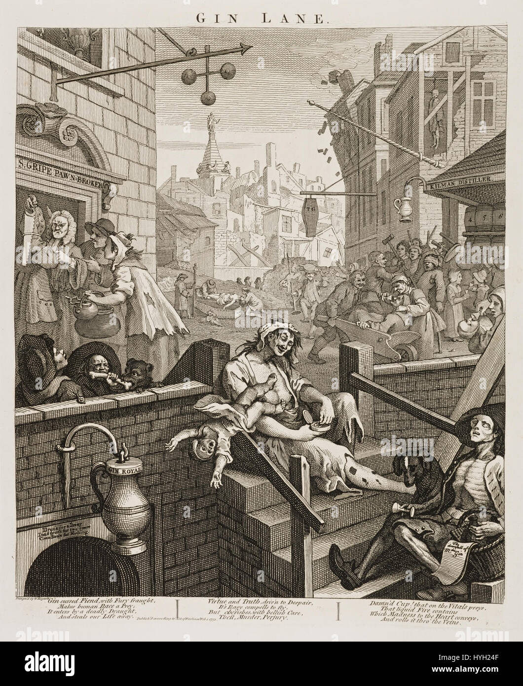 'Gin Lane' by William Hogarth is a satirical engraving that depicts the destructive social ...