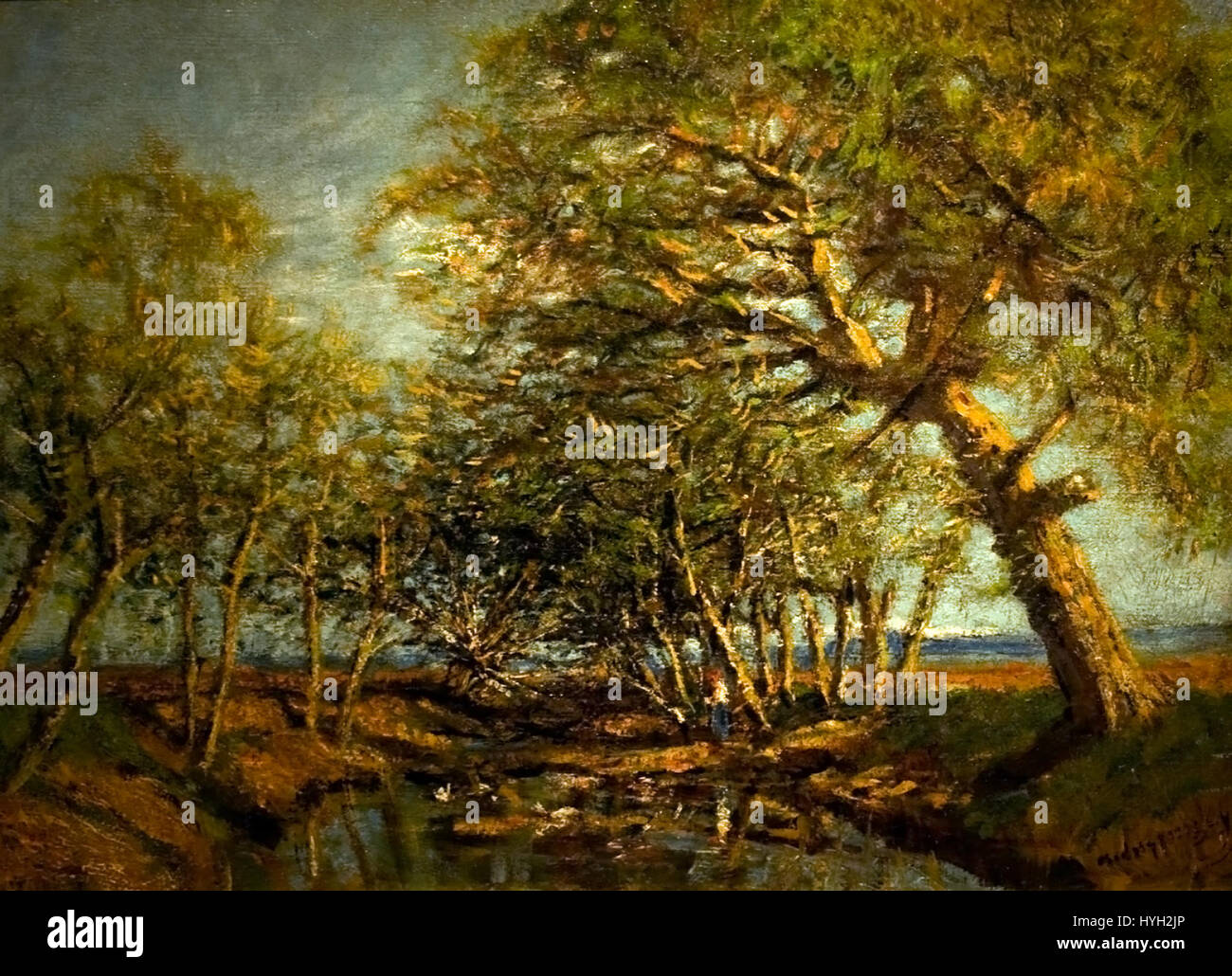 'Trees on the Stream Bank' depicts a serene natural landscape where ...