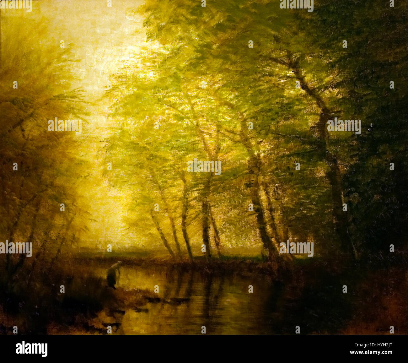 This painting, 'Waterside Landscape with a Figure,' features a serene ...