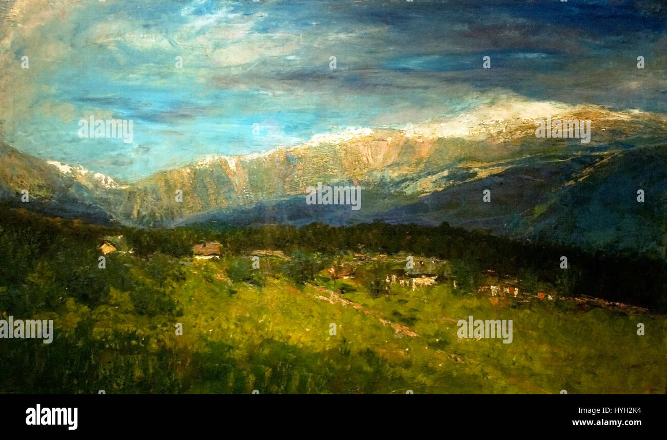 This landscape painting shows a view of the Alps and the Rax and Tatras ...