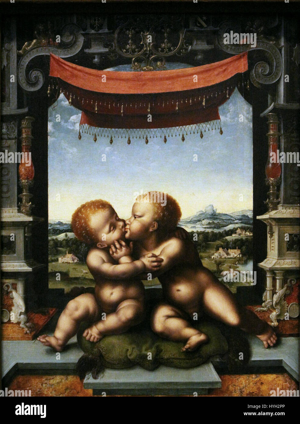 Joos van Cleve’s 'The Infants Christ and Saint John the Baptist Embracing' portrays a tender ...