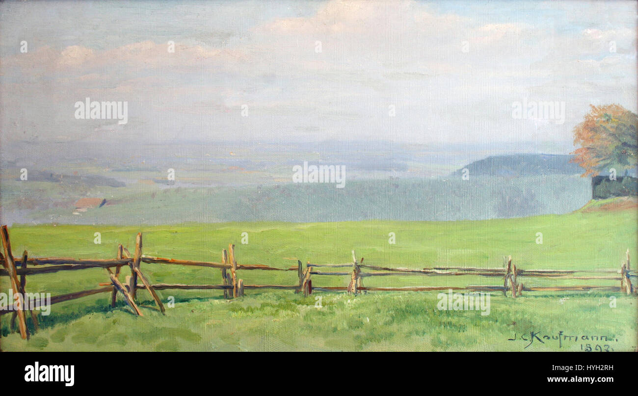 This painting, titled 'Pasture and Rail Fence', depicts a rural ...