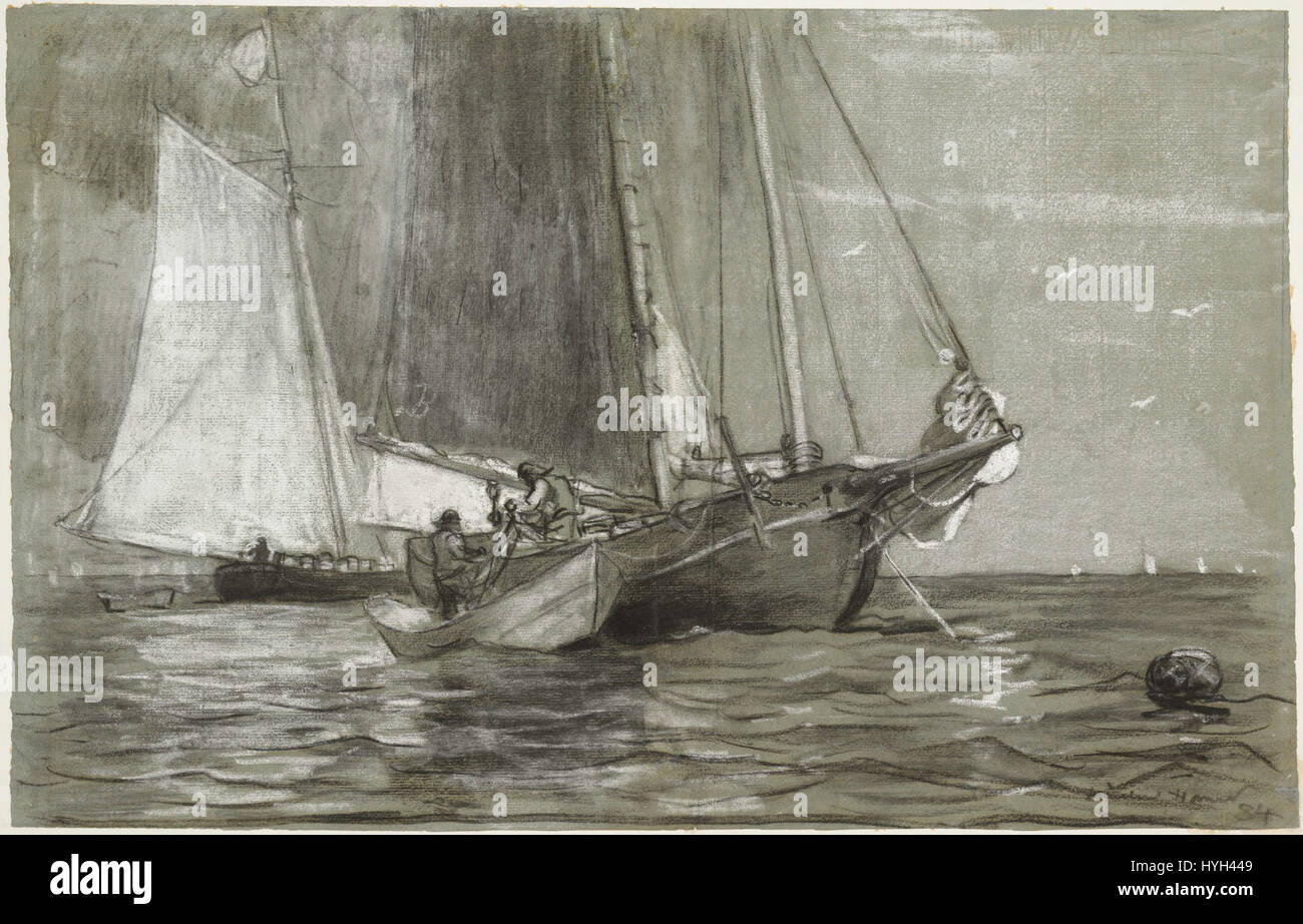This painting by Winslow Homer from 1884 depicts a schooner anchored at ...