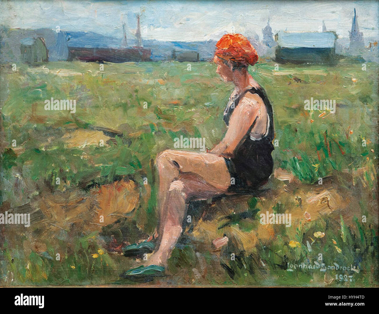 'Frau im Badeanzug' by Leonhard Sandrock is a depiction of a woman in a ...