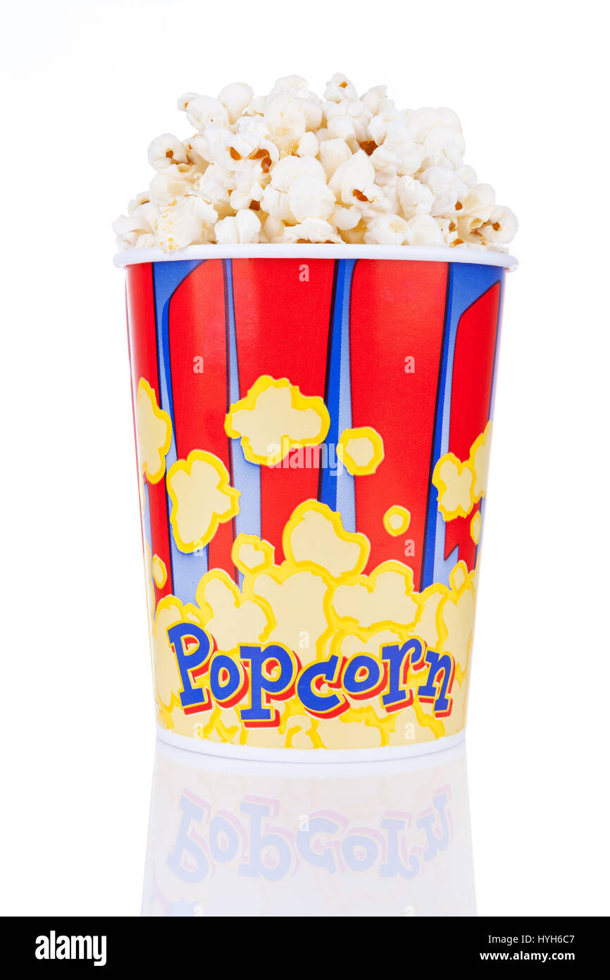 Bucket full of popcorn, isolated on white with reflection Stock Photo ...