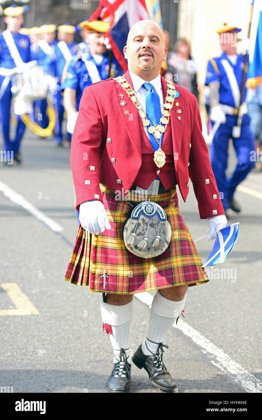 A kilted Lodge office-bearer at an Orange Order parade in Edinburgh in ...
