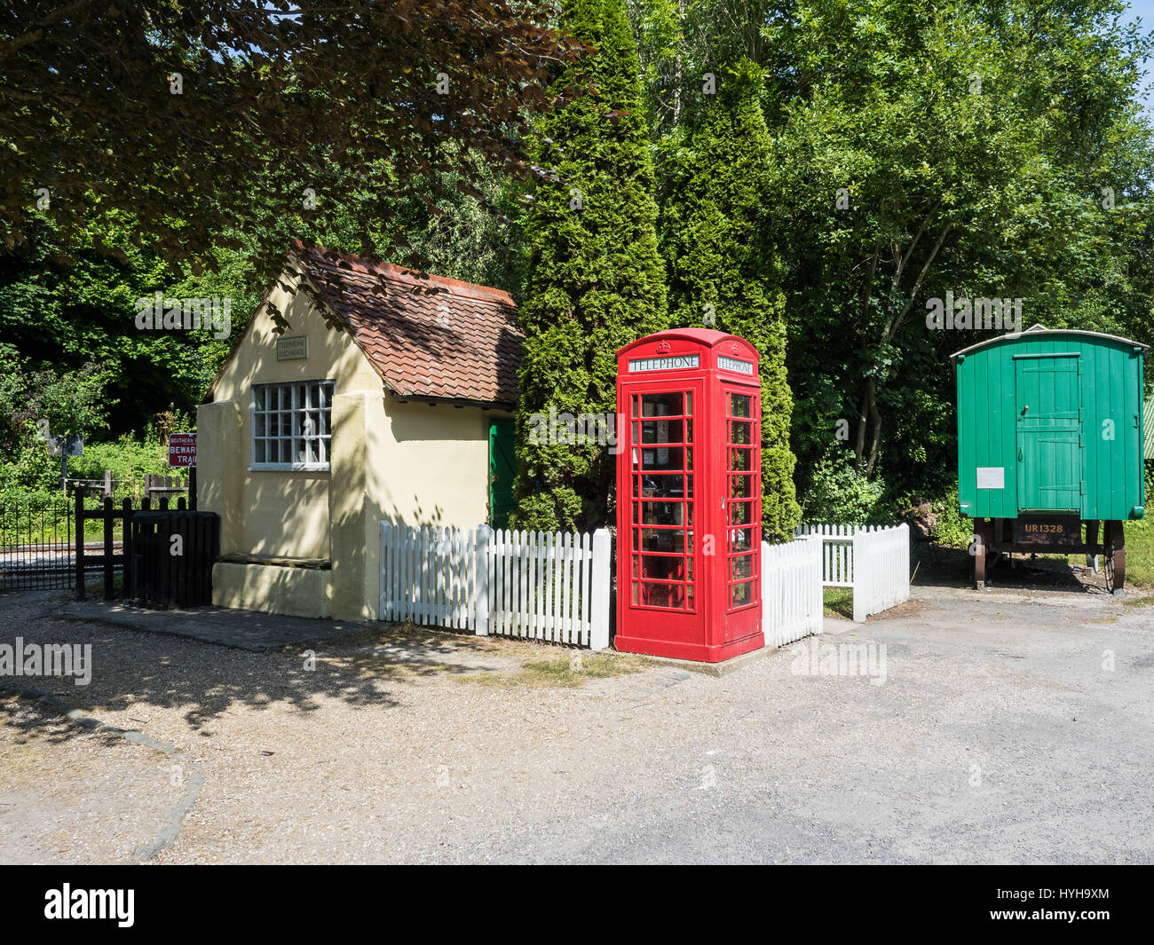 Hut, telephone box and wagon at the Amberley Working Museum in West ...