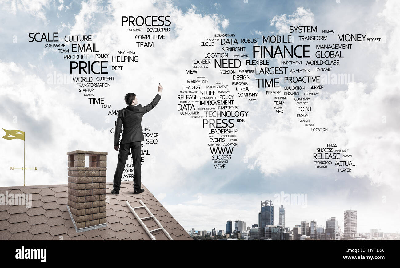 Businessman on brick roof draw world map as concept of globaliza Stock ...