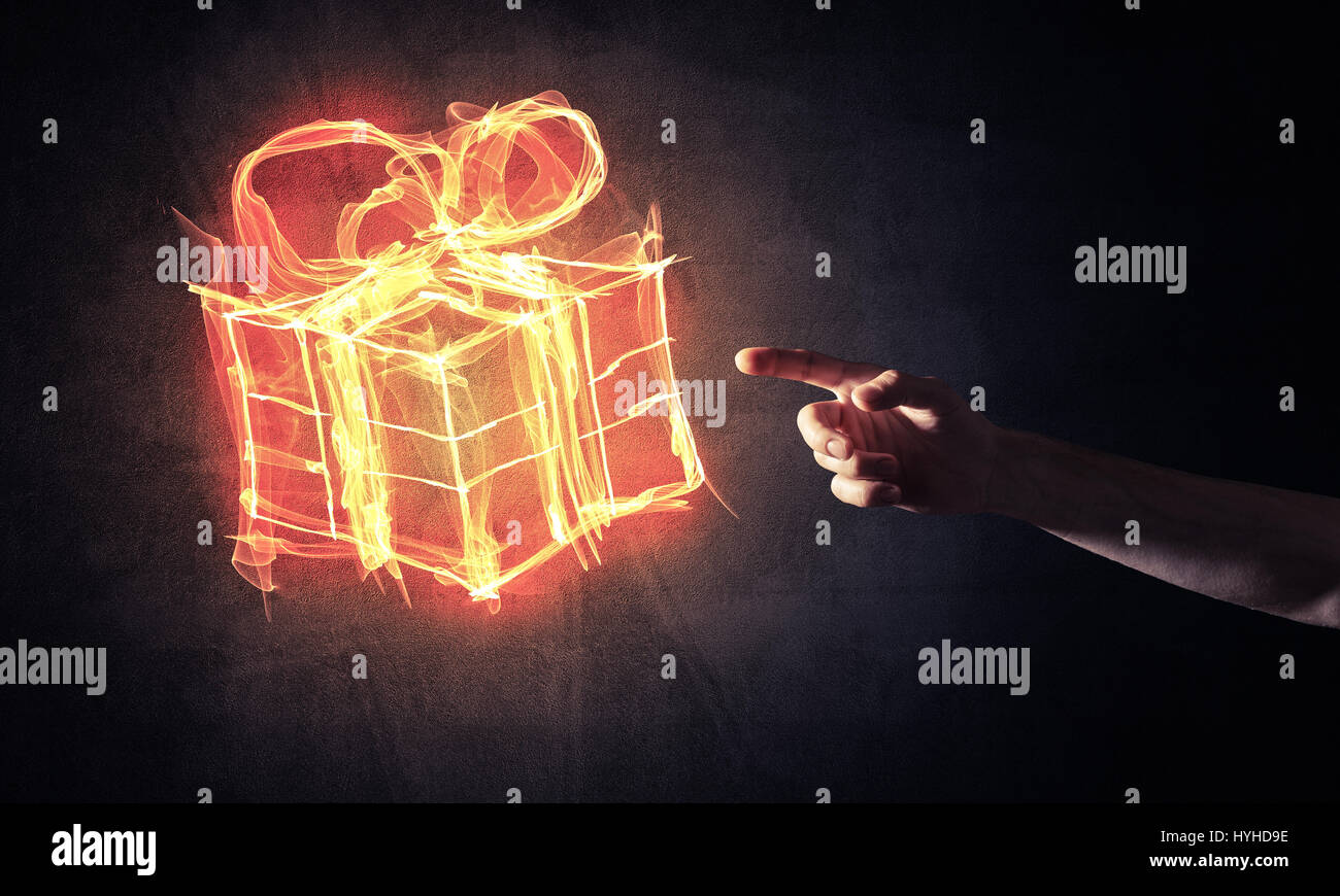 Concept of celebration with fire burning gift symbol and creatio Stock ...