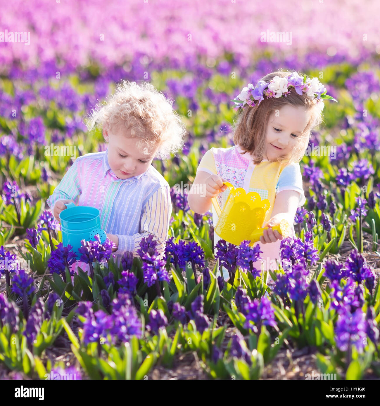 Children planting spring flowers in sunny garden. Little boy and girl ...