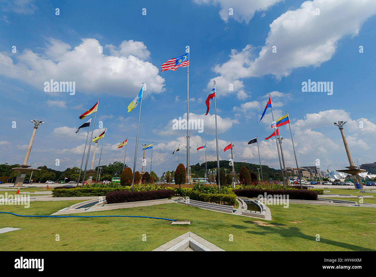 Flag display in Putra Jaya square, shwoing the Malayysian flag ...