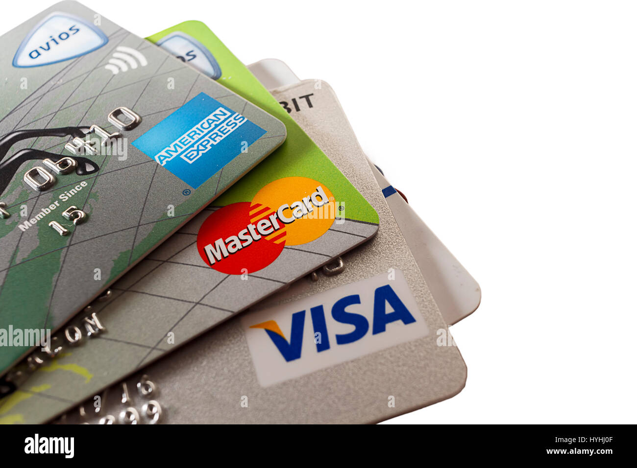 Close up shot of the three major credit cards, white background ...