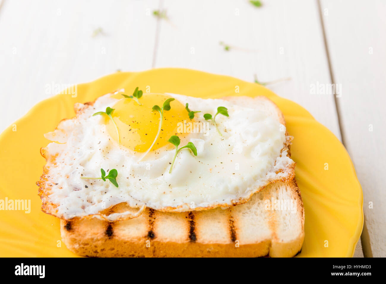 Toast with egg in yellow plate with Micro-greenery on white wooden ...