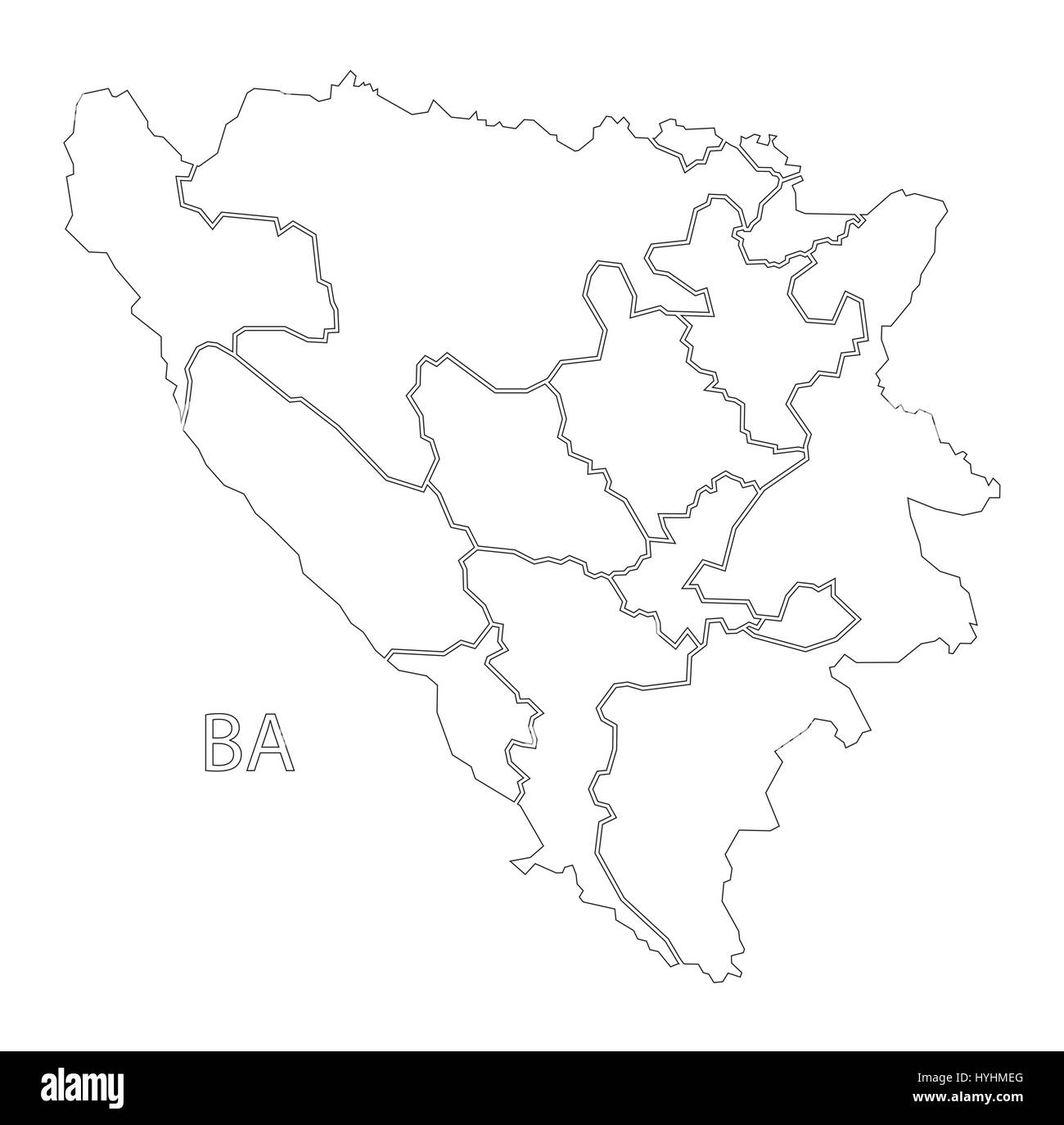 Bosnia and Herzegovina outline silhouette map illustration with regions ...