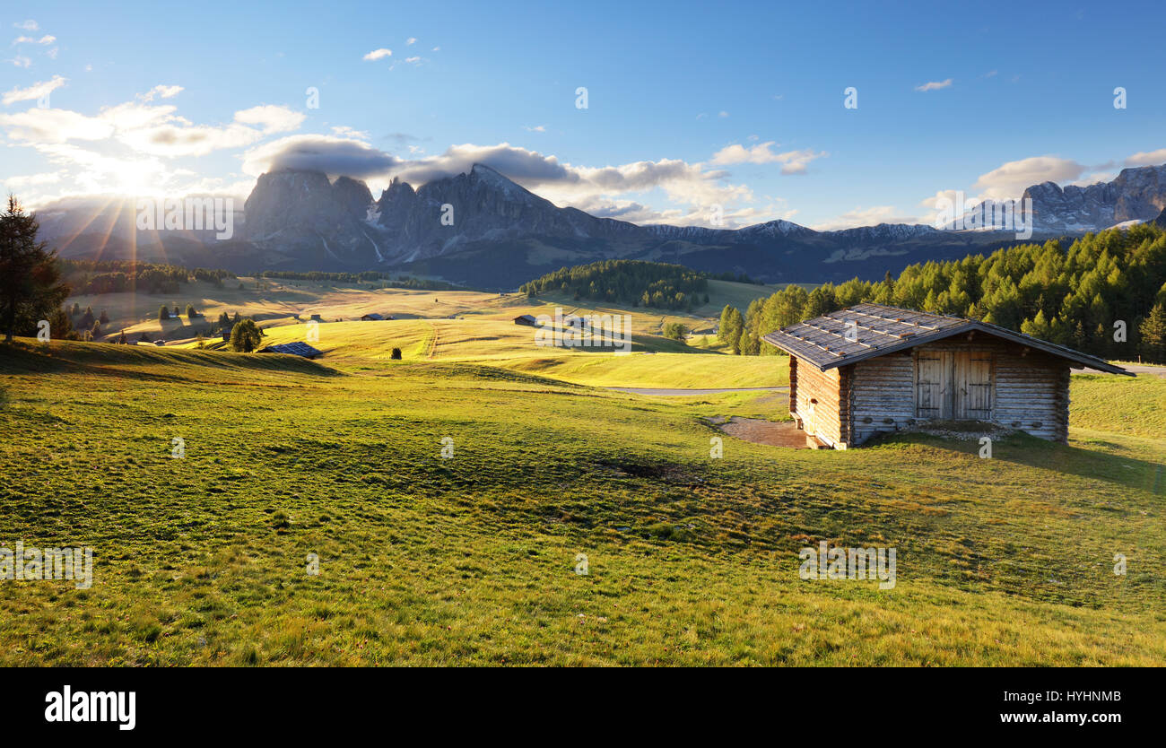 Alps sunrise green mountain panorama landscape, Alpe di Siusi Stock ...