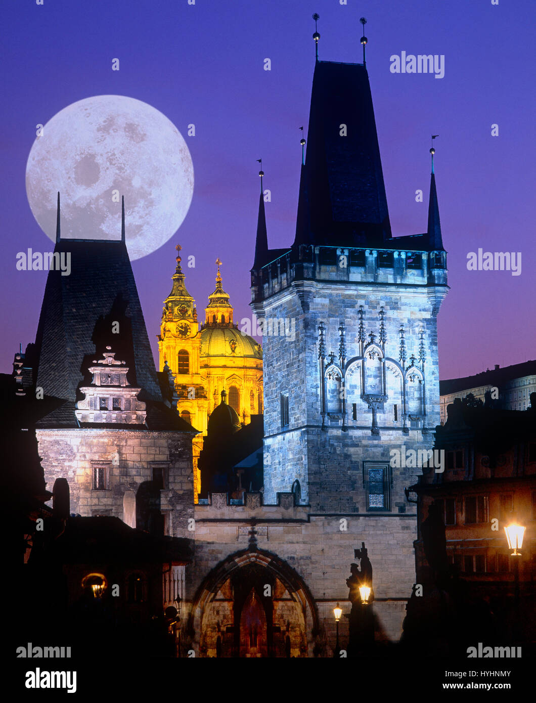 Moon over Charles Bridge, Prague, Czech Republic Stock Photo - Alamy