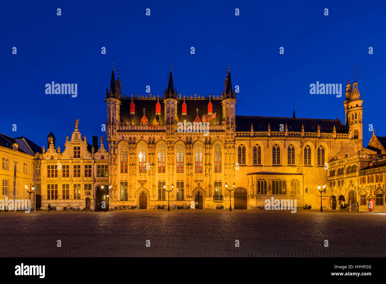 Night view of Burg square with Brugse Vrije building and Stadhuis or ...