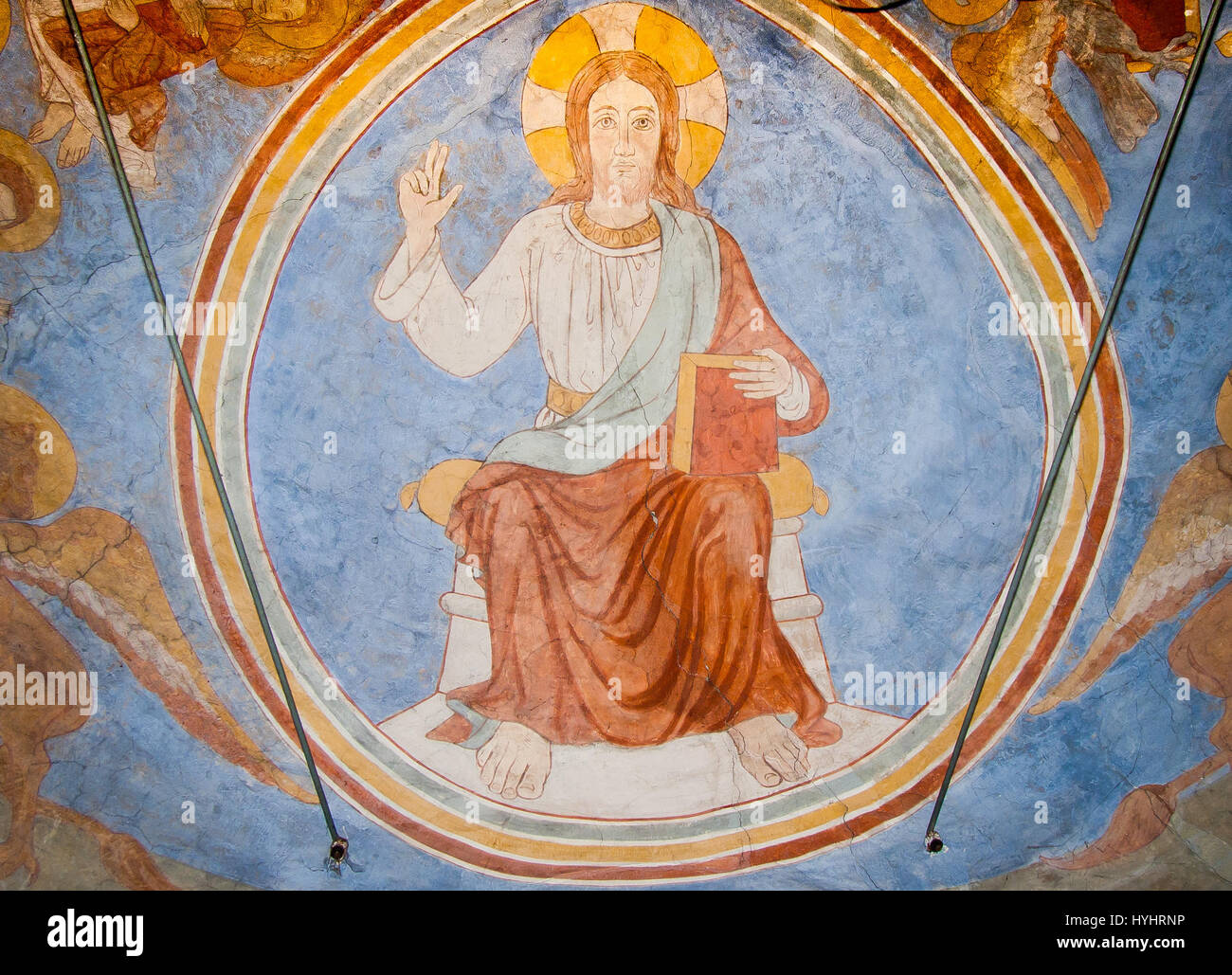 Majestas domini. Medieval mural of Christ, sitting on a throne ...