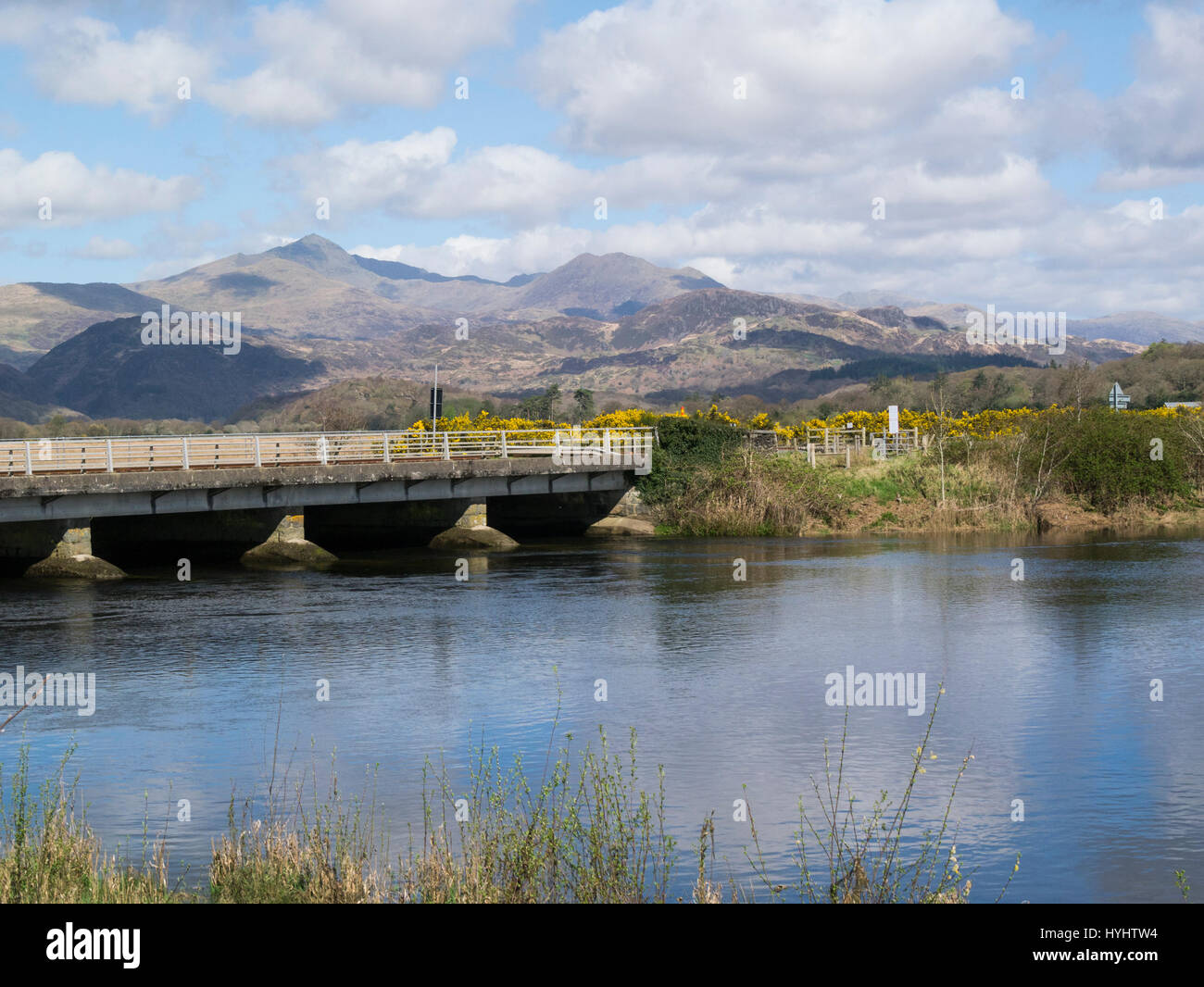 View across to Snowdon over Pont Croesor Bryn Ffynnon Prenteg Gwynedd ...