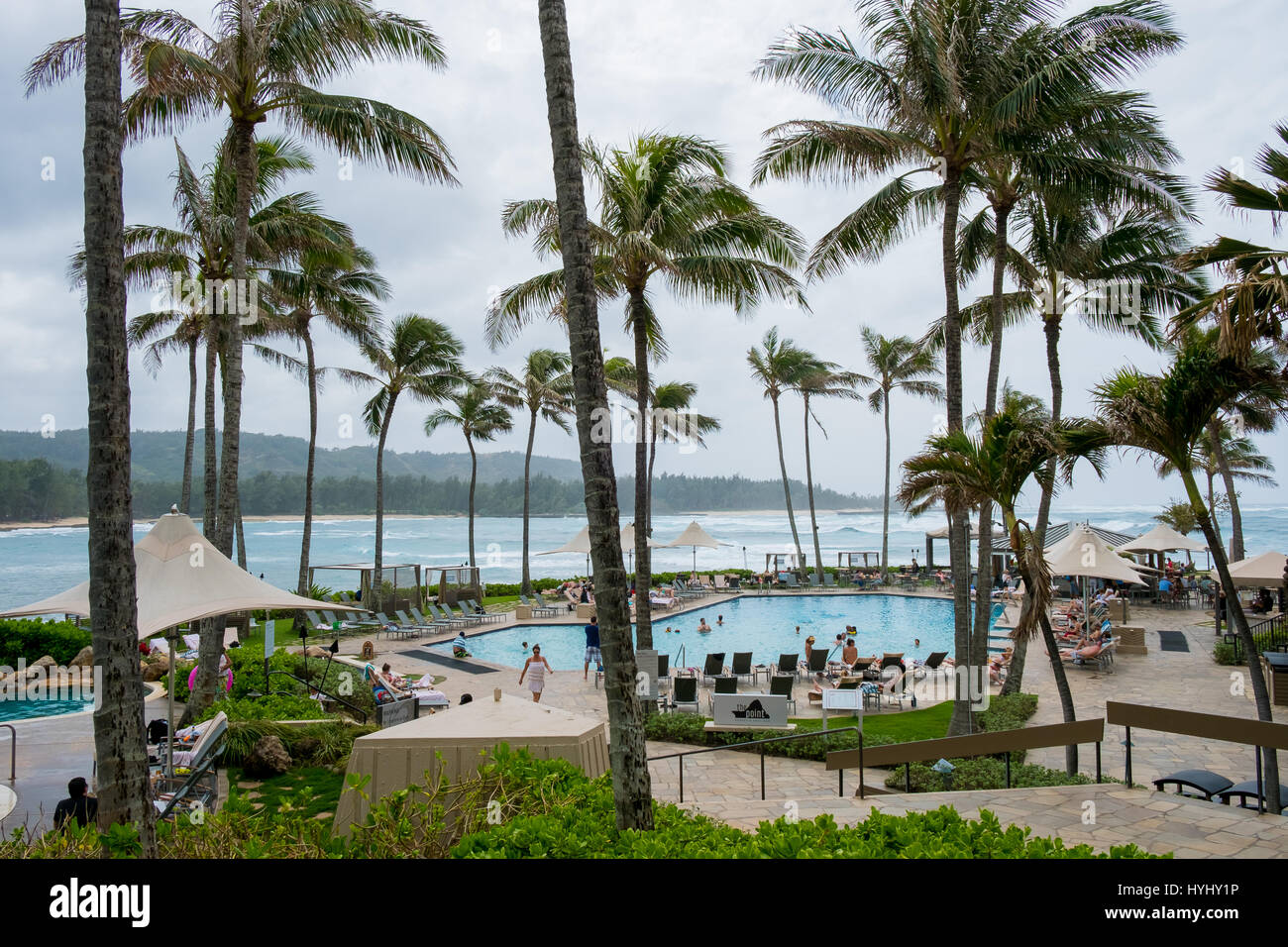 TURTLE BAY, OAHU, HAWAII - FEBRUARY 19, 2017: Pool and famed restaurant ...