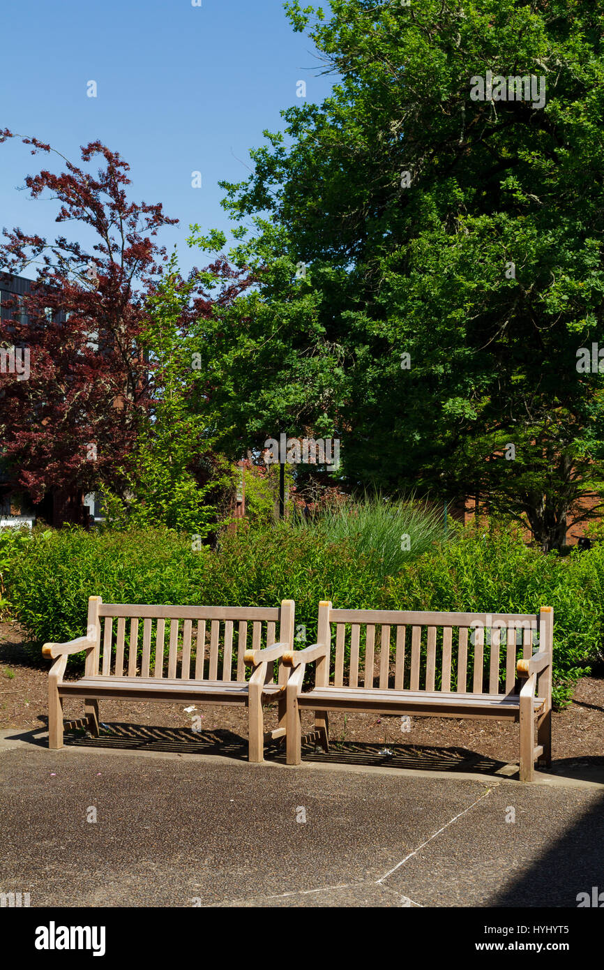 Two park benches made for sitting and resting provide a nice seat to ...