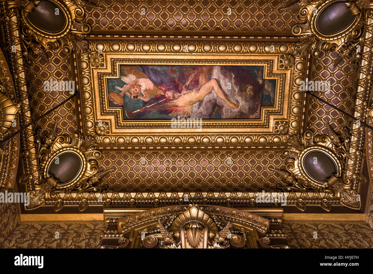 PARIS, FRANCE, MARCH 14, 2017 : interiors, frescoes and architectural details of the palais ...
